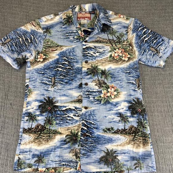 RJC | Shirts | Vtg Rjc Hawaiian Shirt Blue Beach Palm Trees Hibiscus ...